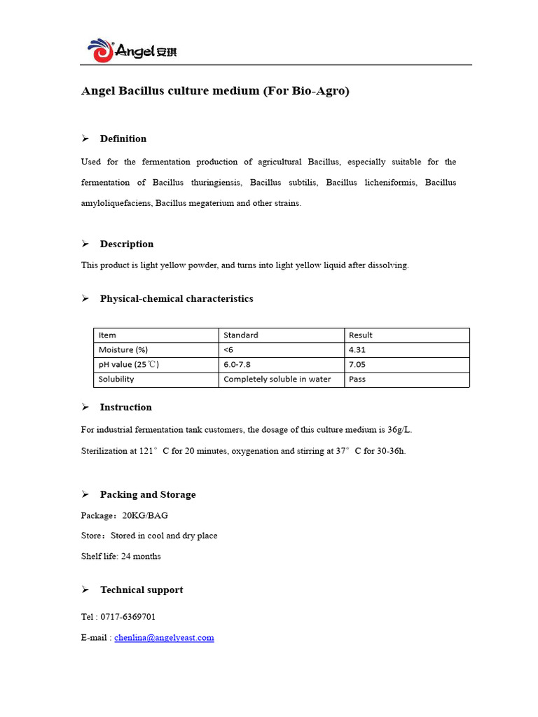 TDS-BA01-Angel Bacillus Culture Medium (For Bio-Agro) | PDF