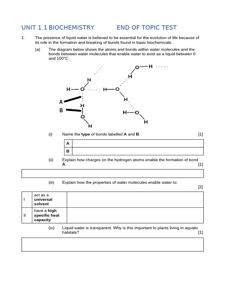 Biochemistry End of Topic Test | PDF | Biochemistry | Chemistry