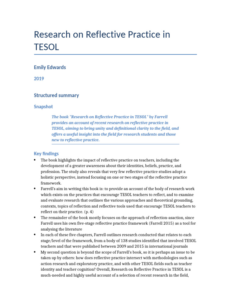 Structured Summary - Book Review of 'Research On Reflective Practice in ...