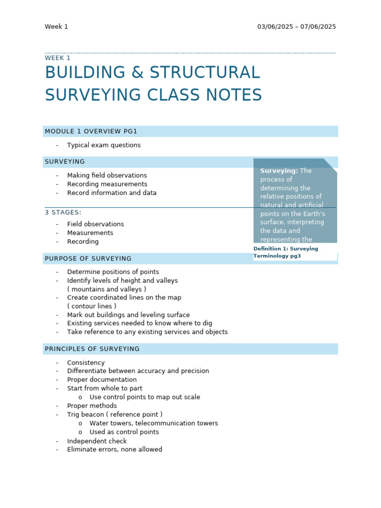 Building & Structural Surveying Class Notes | PDF | Surveying ...