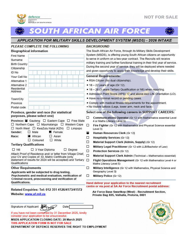 SAAF MSDS Application Form 2026 | PDF