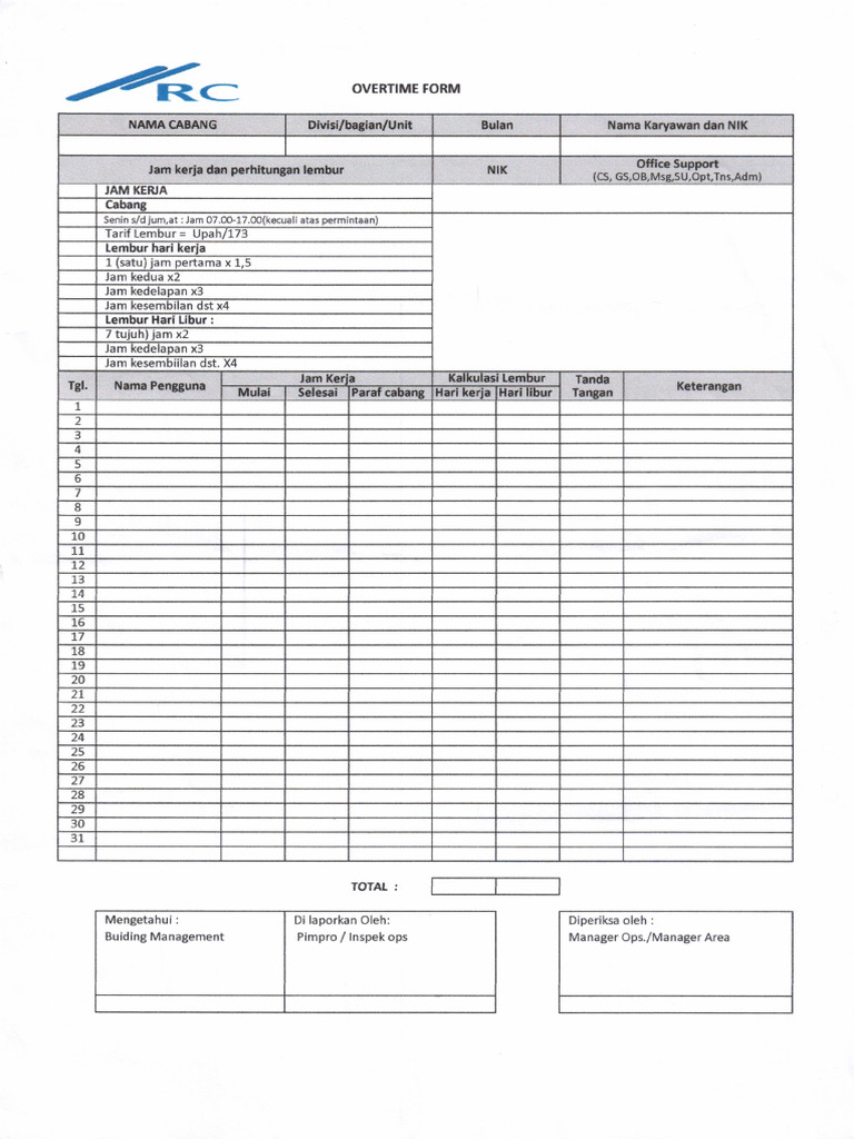 Contoh Form Lembur Harian Karyawan | PDF