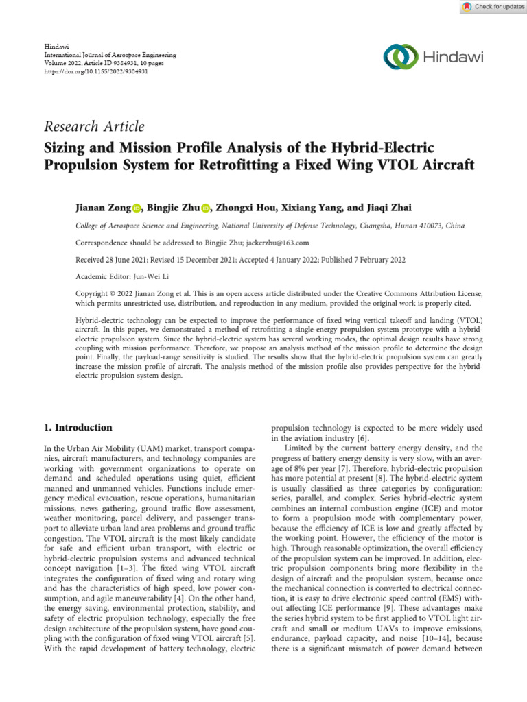 International Journal of Aerospace Engineering - 2022 - Zong - Sizing ...
