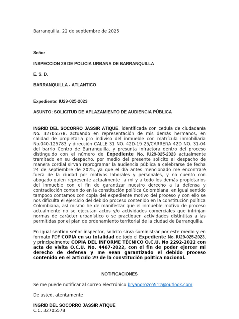Solicitud Aplazamiento de Audiencia Publica Iu29-025-2023 | PDF