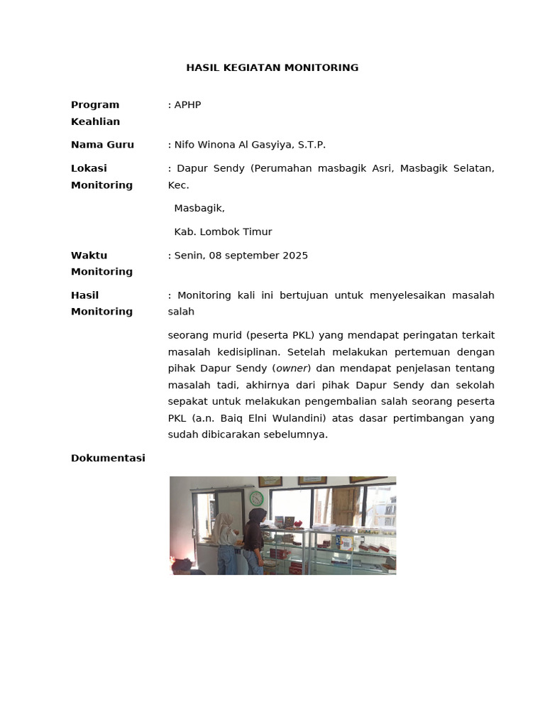 Hasil Monitoring Kedisiplinan PKL Dapur Sendy | PDF
