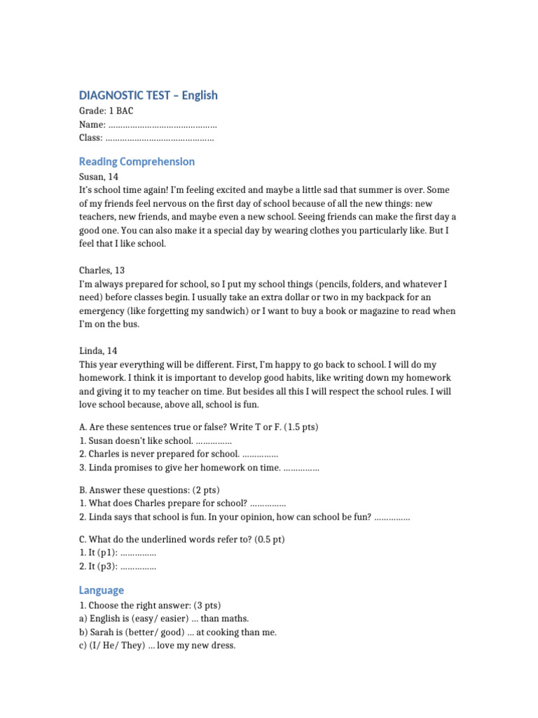 Grade 1 BAC English Diagnostic Test | PDF | Grammar | Syntax
