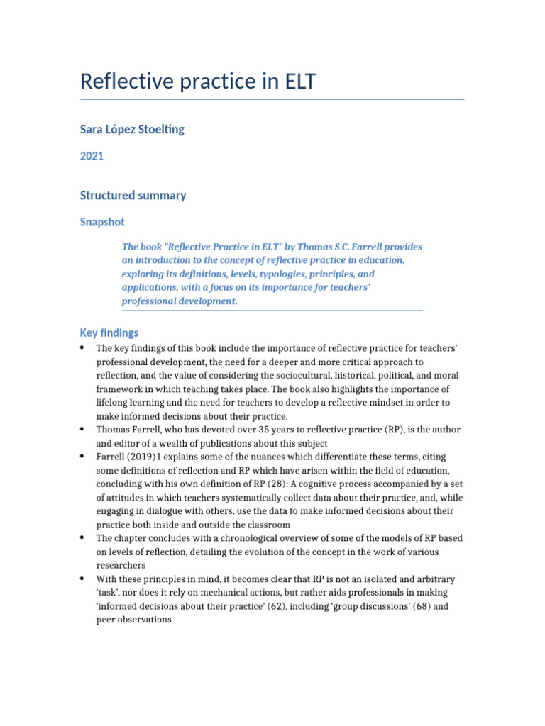 Structured Summary - Reflective Practice in ELT | PDF | Reflective Practice | Teachers