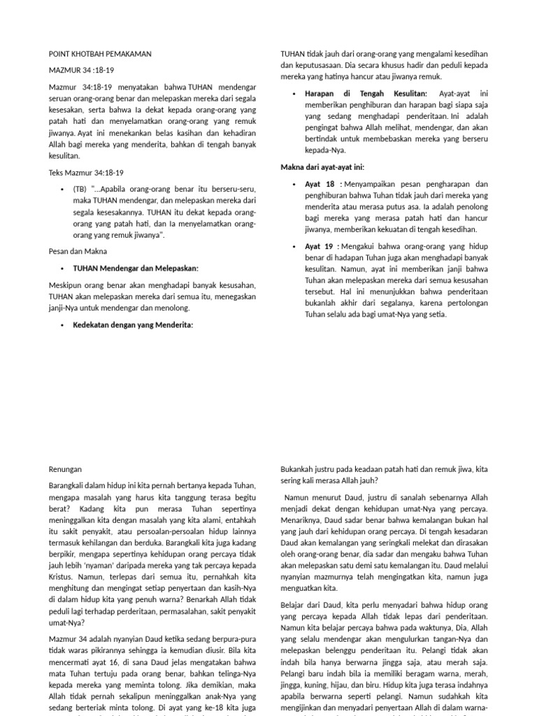 Penghiburan dalam Pemakaman: Mazmur 34 | PDF