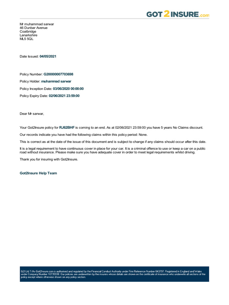 Got2Insure Policy Expiry Notice | PDF
