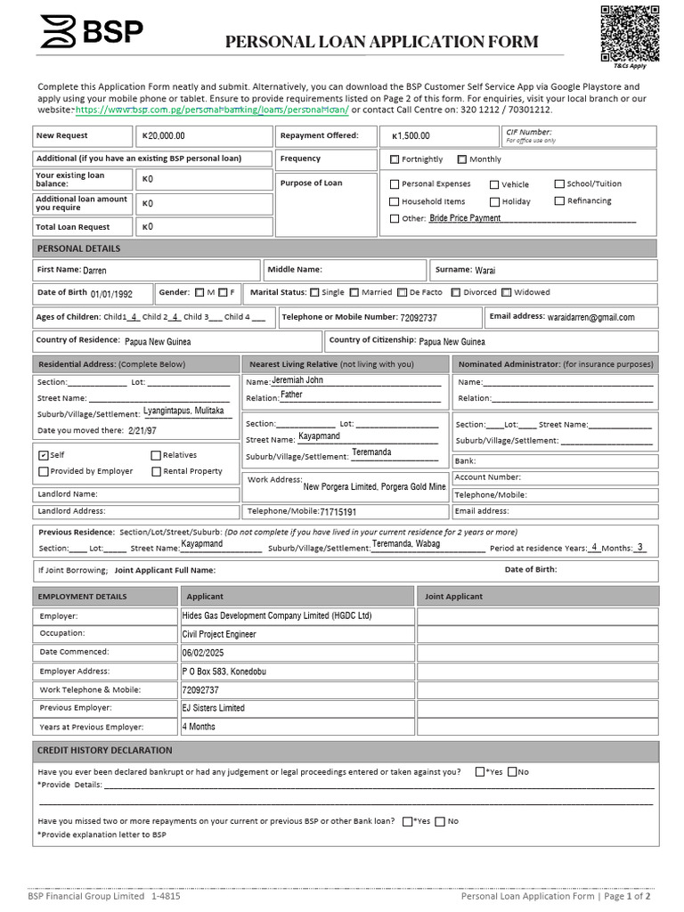 BSP PNG Personal Loan Application Form - Updated | PDF | Expense | Loans