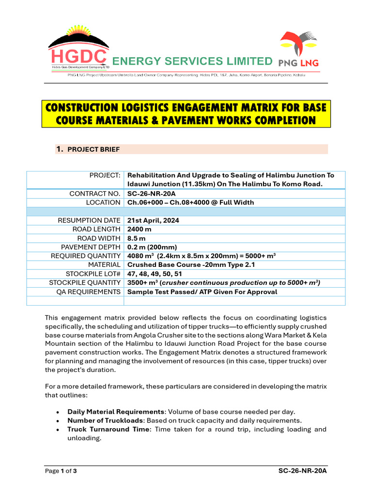 CONSTRUCTION LOGISTICS ENGAGEMENT MATRIX FOR BASE COURSE - Halimbu ...
