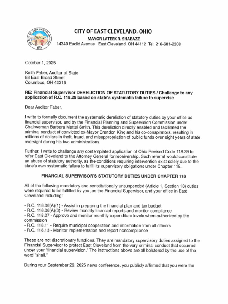 East Cleveland Letter To Ohio Auditor of State | PDF