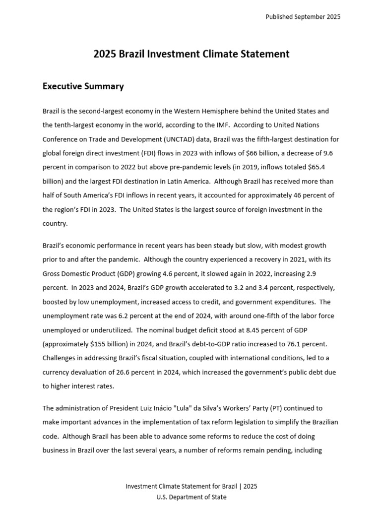 2025 Brazil Investment Climate Statement | PDF | Bankruptcy | Foreign ...