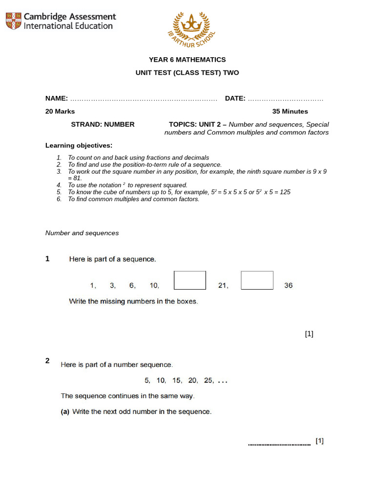 Year 6 Math Class Test 2 | PDF