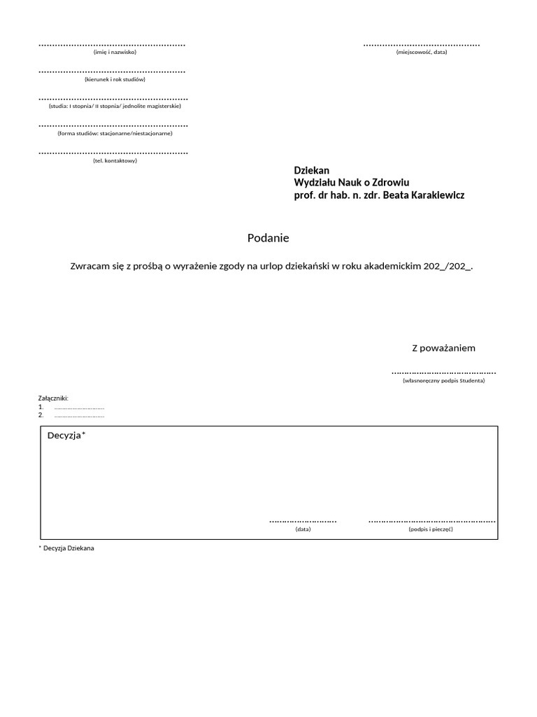 Wzor-Podanie-urlop Dziekański | PDF