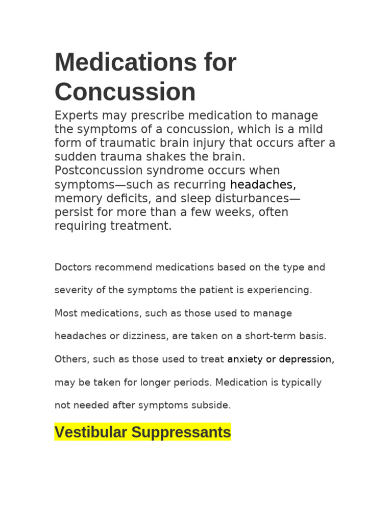 Concussion Medications Overview | PDF | Headache | Vertigo