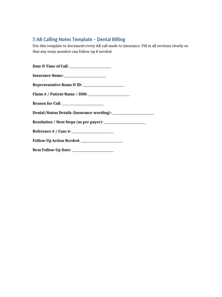 AR Calling Notes Template for Billing | PDF