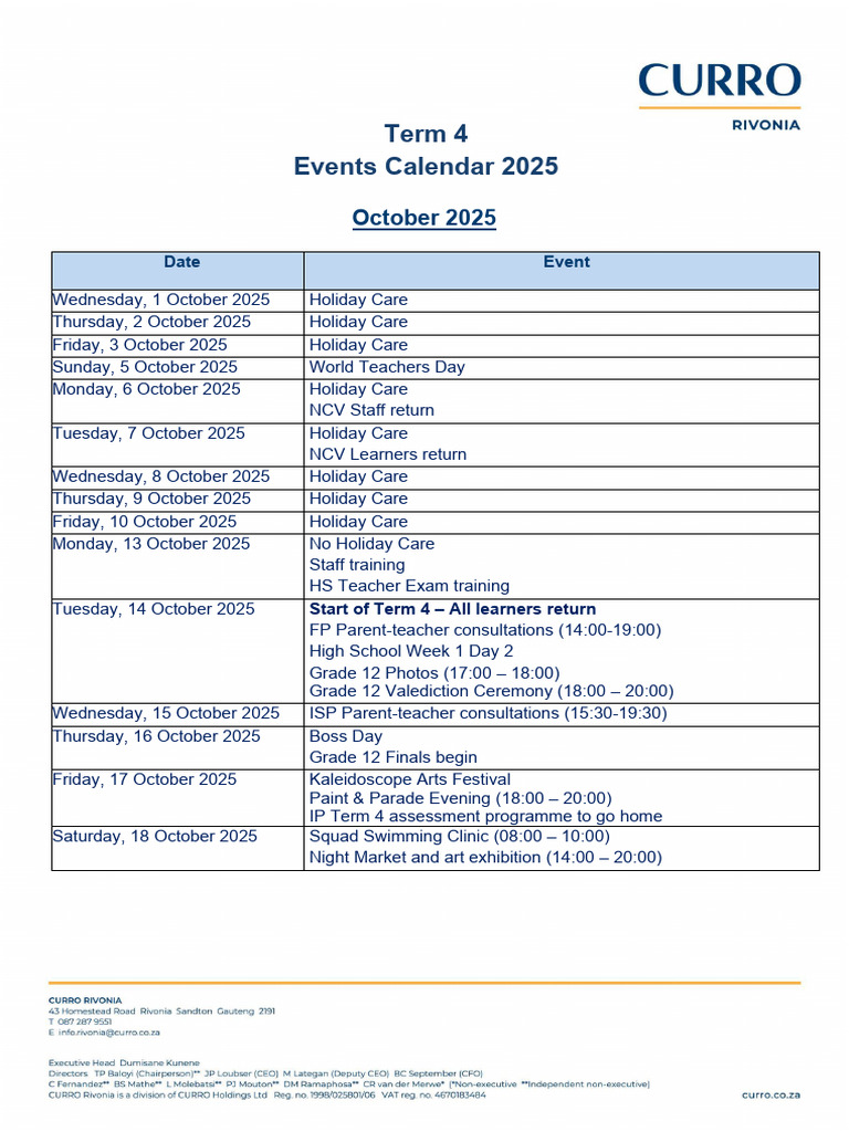 Term 4 2025 - Events Calendar - Curro Rivonia (17 Sep 2025 Final) | PDF