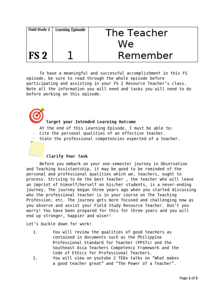 Field Study 2 (Episode 1) | PDF | Teachers | Learning