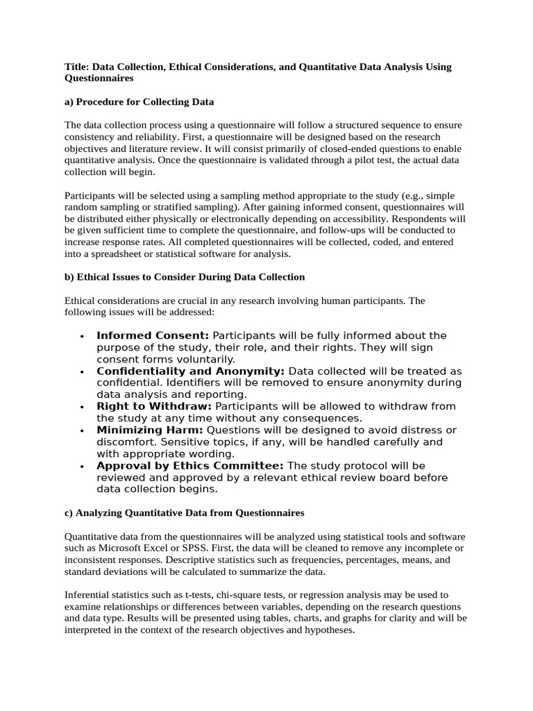 Data Collection, Ethical Considerations, and Quantitative Data Analysis Using Questionnaires ...