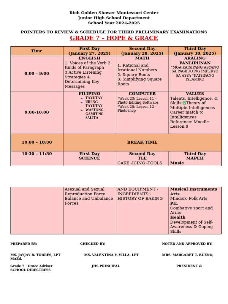 Grade 7 Exam Schedule 2024-2025 | PDF
