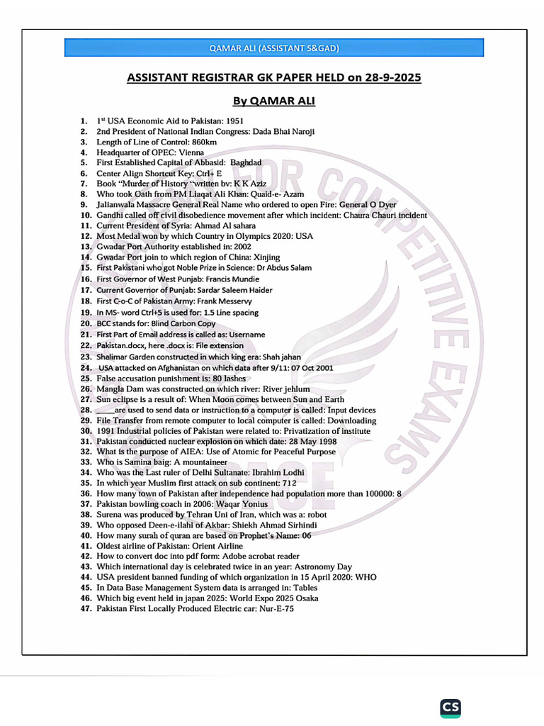 Assistant Registrar GK Paper by Qamar Ali | PDF