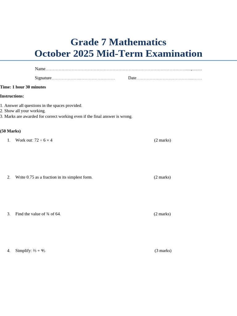 Grade 7 MidTerm Maths Exam | PDF