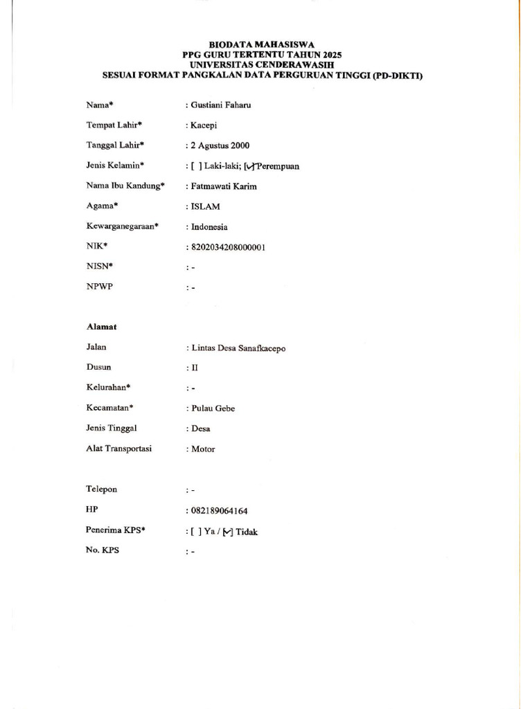 Biodata Diri Gustiani | PDF