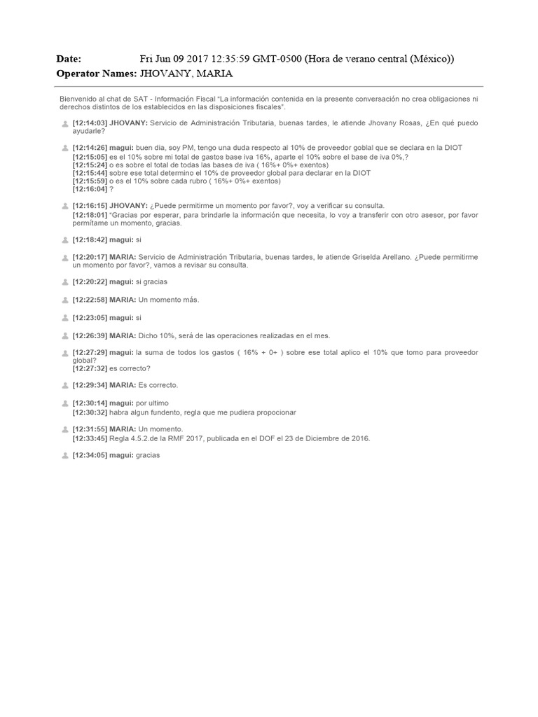 Consulta sobre DIOT y Proveedor Global | PDF