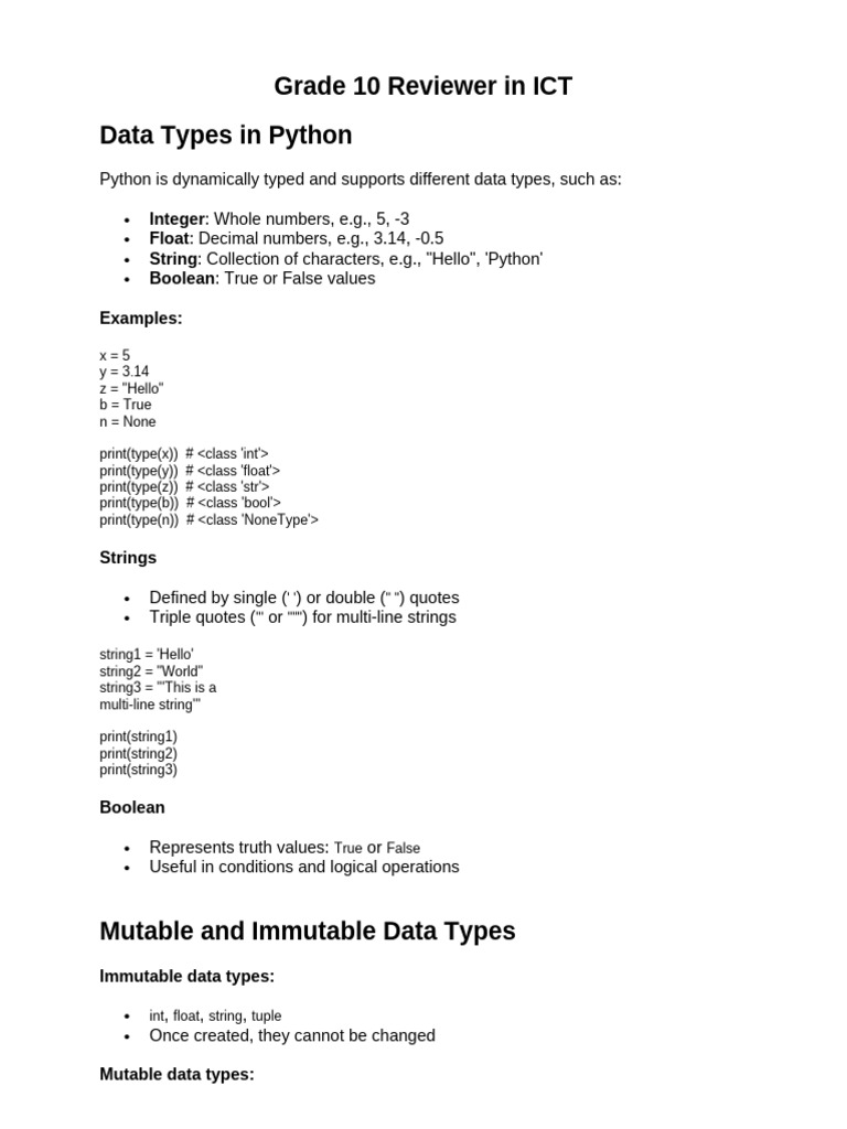 Grade 10 ICT Python Data Types Guide | PDF | Data Type | Boolean Data Type