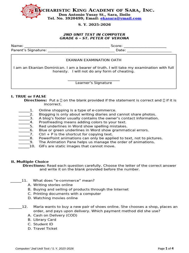 Grade 6 Computer Unit Test 2025-2026 | PDF | Microsoft Power Point ...