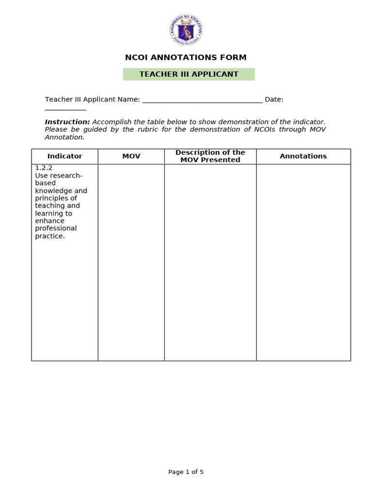 NCOI Annotations Form for Teacher III Applicant | PDF | Learning ...