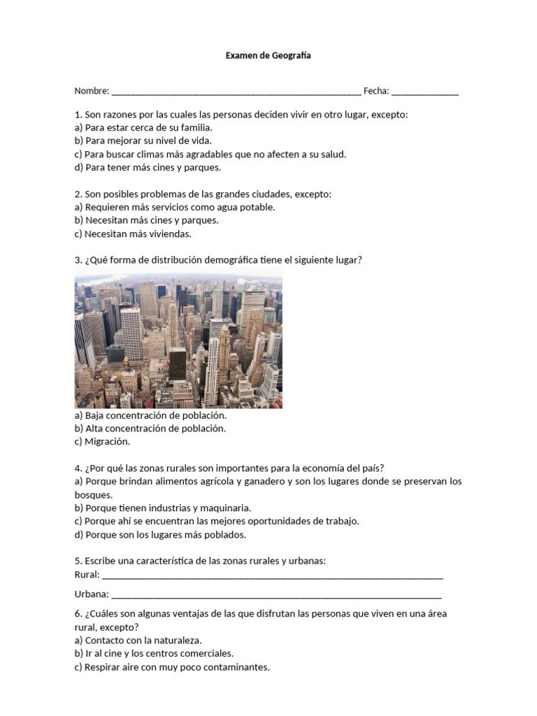 Examen de Geografía: Población y Urbanismo | PDF