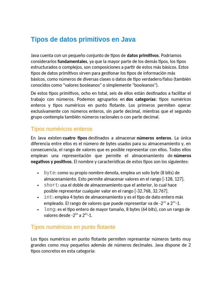 Tipos de Datos Primitivos en Java | PDF | Tipo de datos | Cadena (informática)