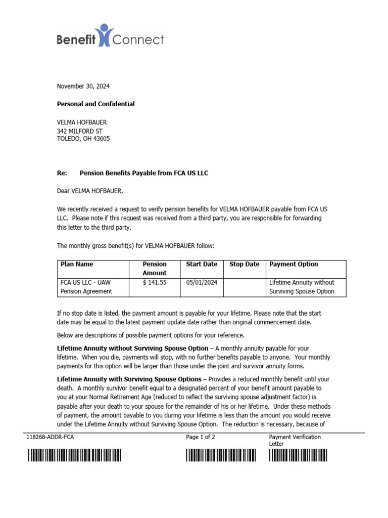 Pension Benefits Verification Letter | PDF | Life Annuity | Pension