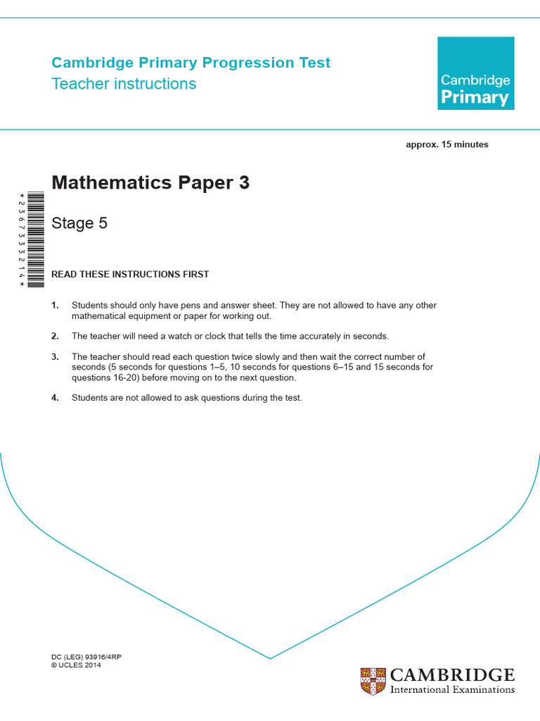 Cambridge Primary Math Test Instructions | PDF