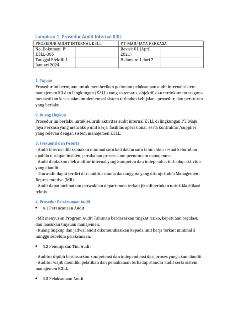 Prosedur Audit Internal K3LL Lengkap | PDF