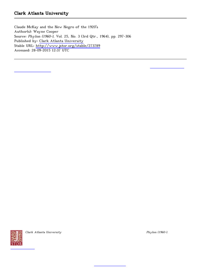 Claude McKay and The New Negro of The 1920 Wayne Cooper | PDF