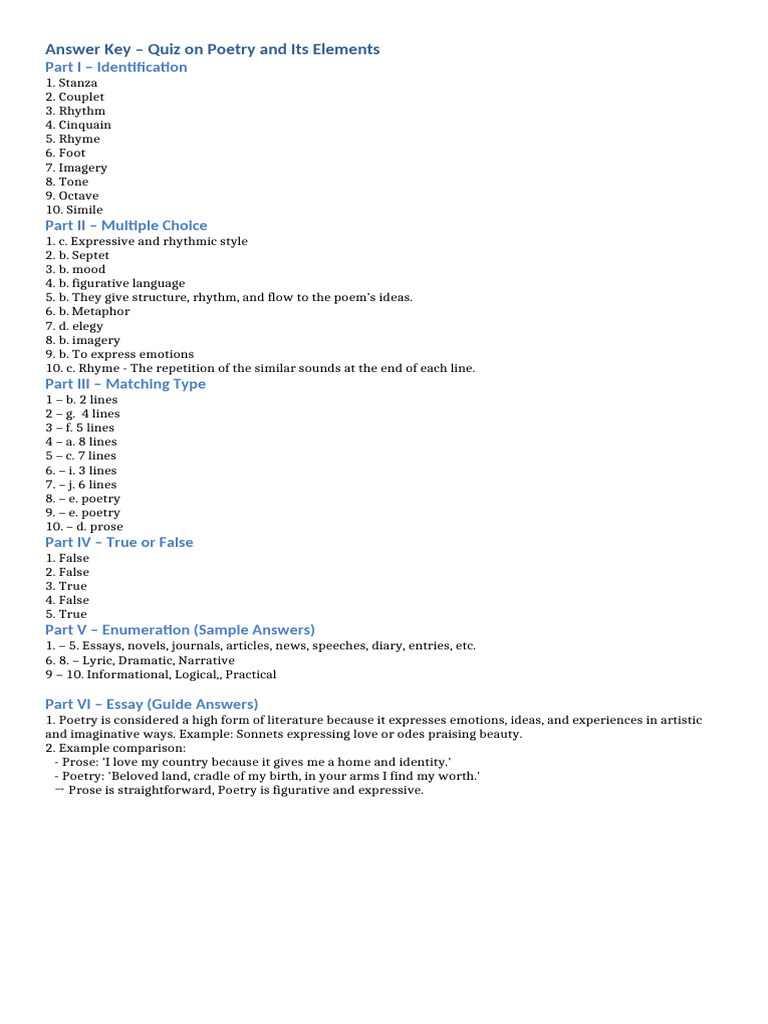 Poetry Quiz With Answer Key | PDF