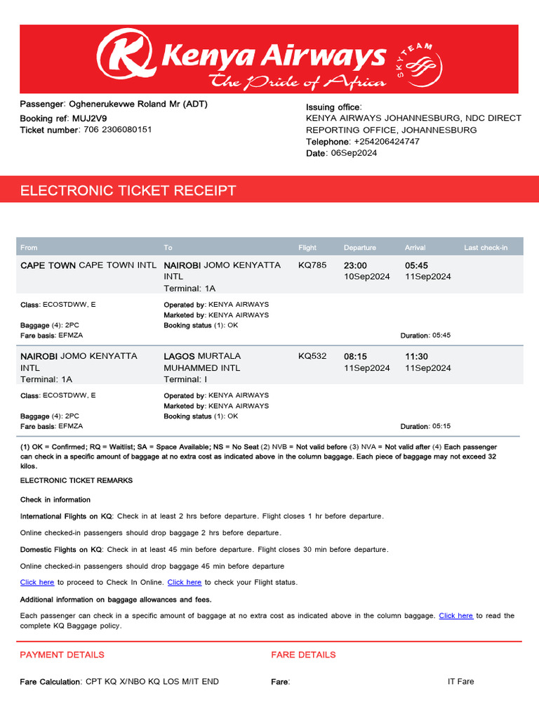 Kenya Airways Check-In Details | PDF