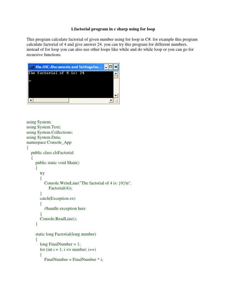 1factorial Program In C Sharp Using For Loop Pdf C Sharp Programming Language Command 0183