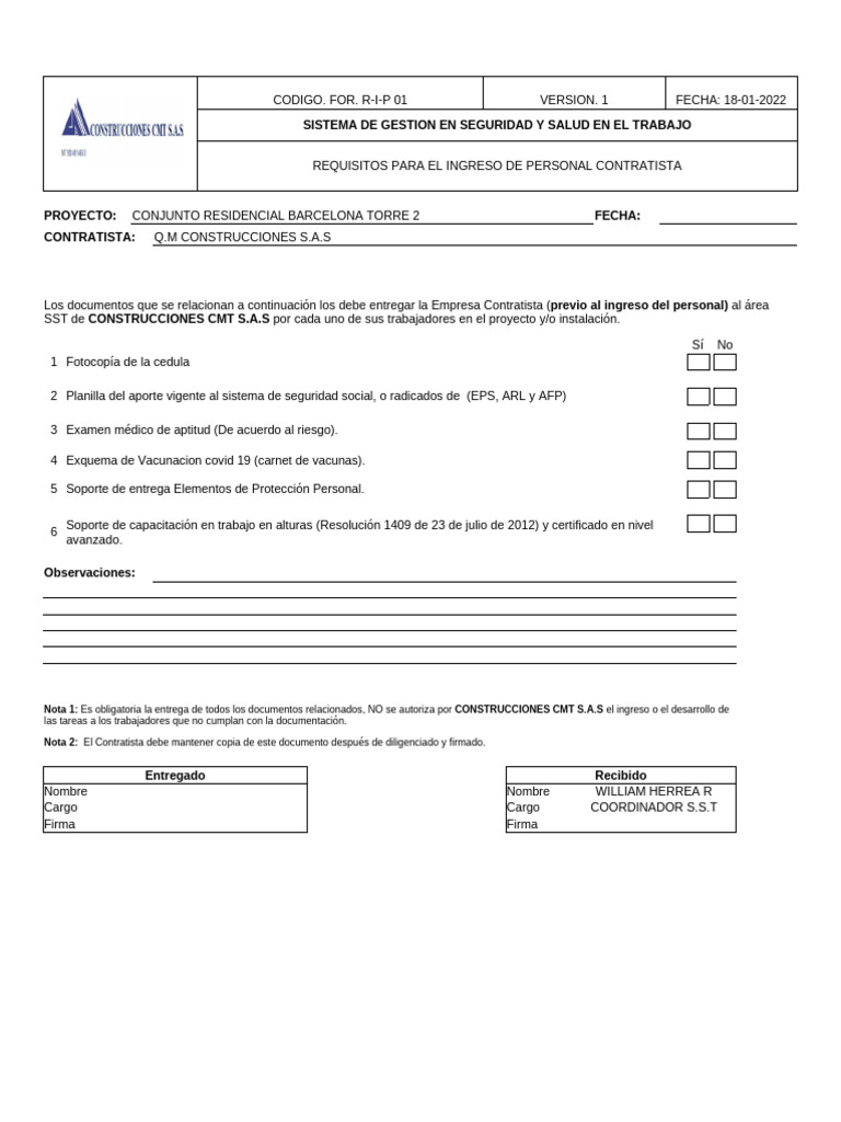 Sst-Requisitos para El Ingreso Personal Contratista | PDF