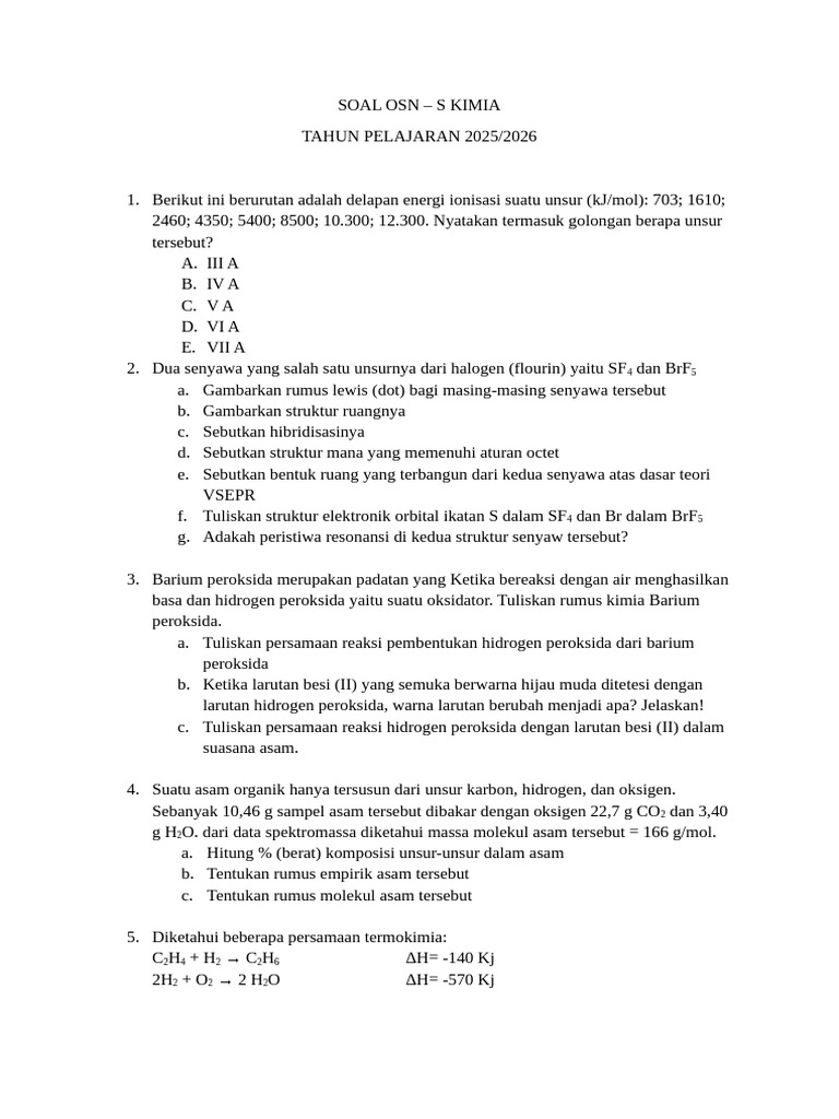 Contoh Soal OSN Kimia 2025/2026 | PDF