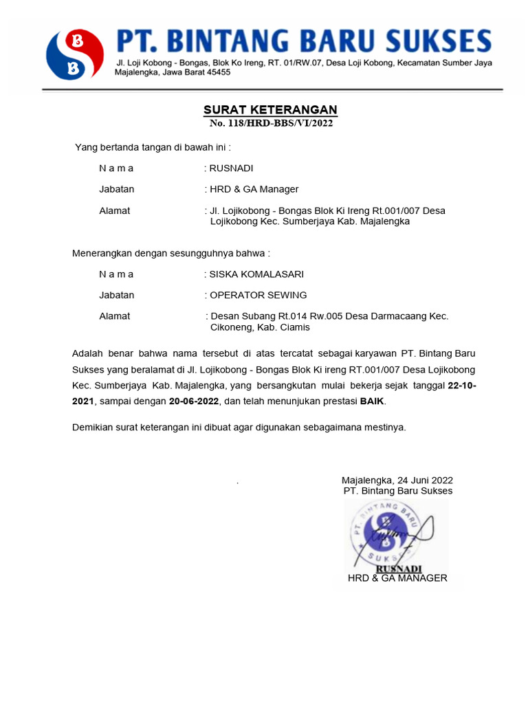 Keterangan Karyawan PT. Bintang Baru Sukses | PDF