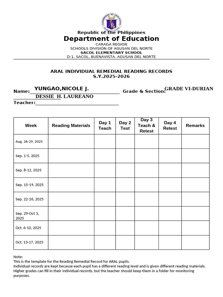Aral Individual Reading Records | PDF