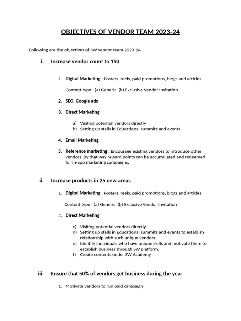 Objectives of Vendor Team 2023 | PDF | Promotion And Marketing ...