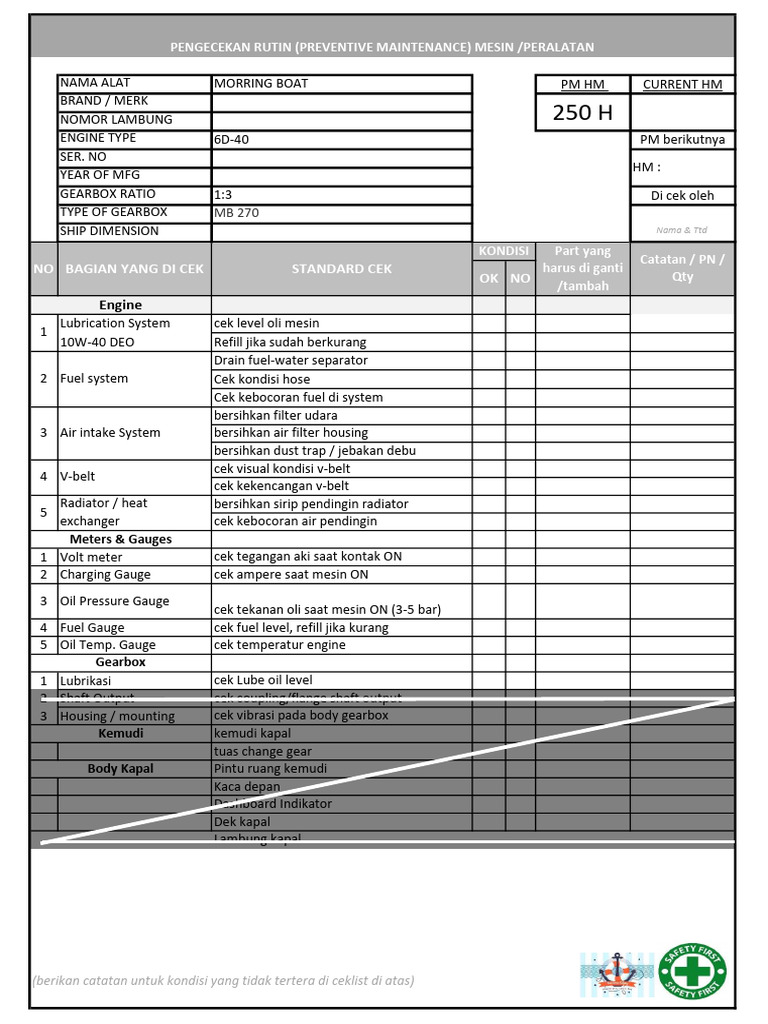 PM Checklist 250h Morring Boat | PDF