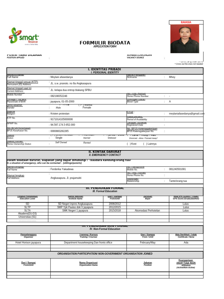Formulir Biodata Lamaran Kerja | PDF