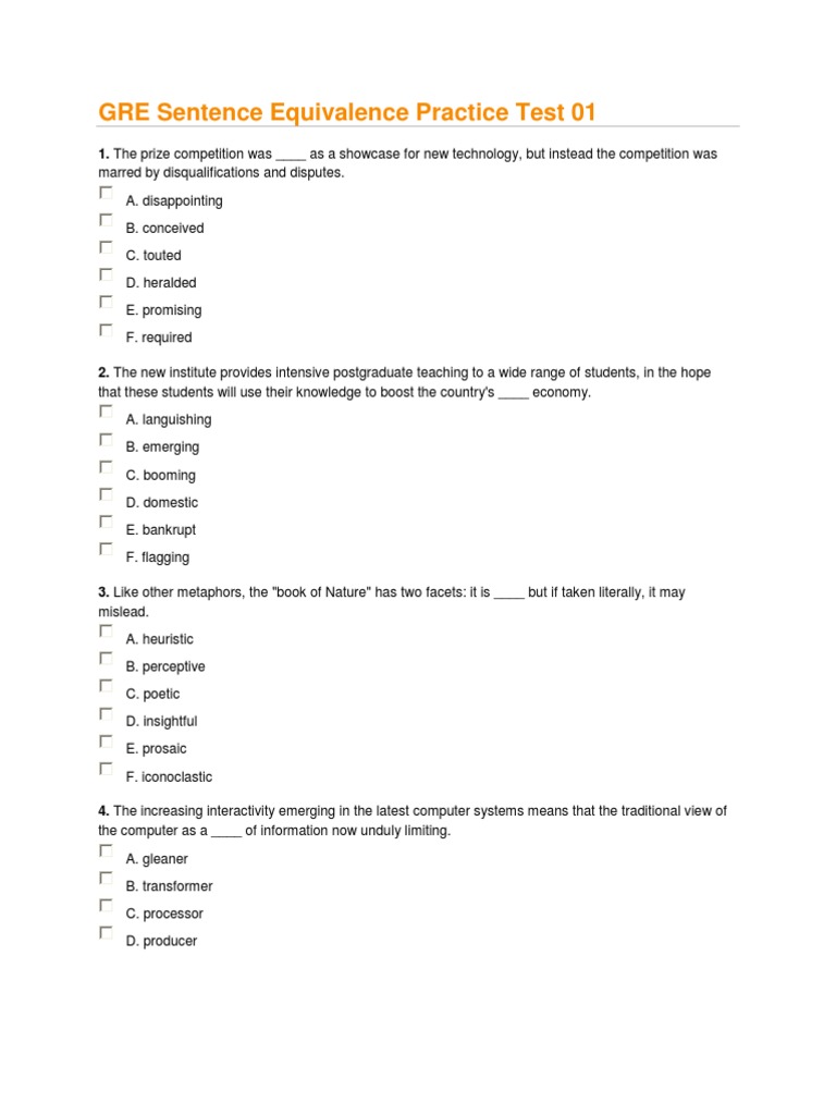 GRE Sentence Equivalence Practice Test 01 | PDF