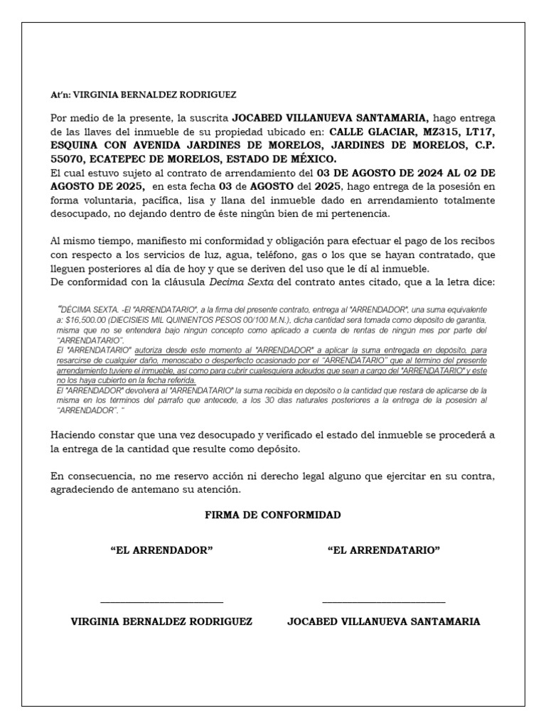 Carta Entrega Glaciar Virginia BR, Jocabed vs. | PDF